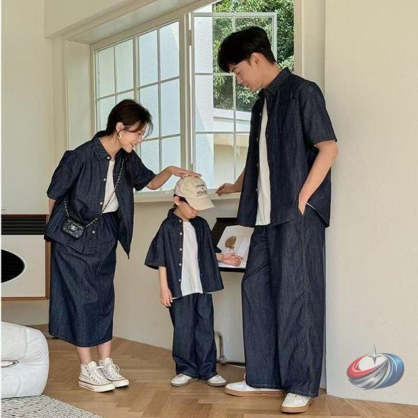 リンクコーデ 親子 セット デニムシャツ 半袖 親子 ペアルック デニム パンツ スカート 春 夏 親子 ペアtシャツ デニム 子供 ハハ パパ ネイビー 紺色 無地 親子コーデ ジャケット 家族旅行 家族活動 お揃い服 子供服 シャツ ス...