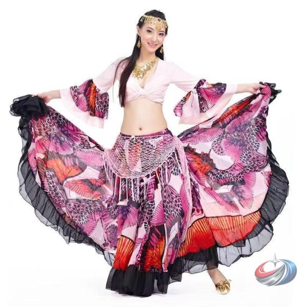 説明:レディースベリーダンススカートコスチュームセット軽量で柔らかいポリエステル生地製トップ：無地、Vネック、ユニークなフレアカフ、非常に快適スカート：カラフルなバタフライプリントデザイン、25ヤードビッグレースヘム、弾性ウエストバンドベリ...