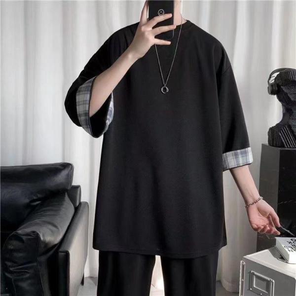 Tシャツ メンズ 七分袖 チェック柄 通気性 夏 吸汗 おしゃれ カジュアル シンプル 速乾 クルーネック 軽量 快適 運動会 文化祭 メンズファッションzijiang04カラーホワイト、ブラックサイズXL（日本サイズM相当）、2XL（日本...