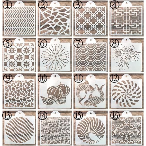 ・描画テンプレート（ステンシルシート）全16種類セットです。軽くて丈夫な環境に配慮したPET素材です。・縁起が良いとされる「吉祥文様」「幾何学模様」「オリエンタル柄」から選り抜いた16種類をセットにしました。・耐寒耐熱性が−40℃〜230℃...