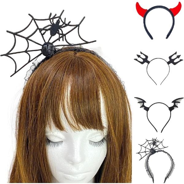 ハロウィンパーティーをスパイスアップ.　ハロウィンナイトにぴったりのカチューシャ4点セット。蜘蛛の巣や魔女・悪魔をイメージした4種類がセットになっています。イベントやホームパーティーに。魔女コスプレ(コスチューム)に合わせるのはもちろん。全...