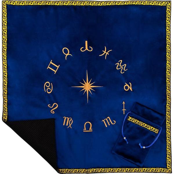 バリエーションコード : 2B4KXVXN10「デザイン」滑り止め付きの高級タロットクロス。ベルベット素材でゴールドの唐草模様のふちどりに十二星座の刺繍がモチーフ。神秘的な雰囲気をつくることで、落ち着いた気持ちでタロットリーディングに臨むこ...