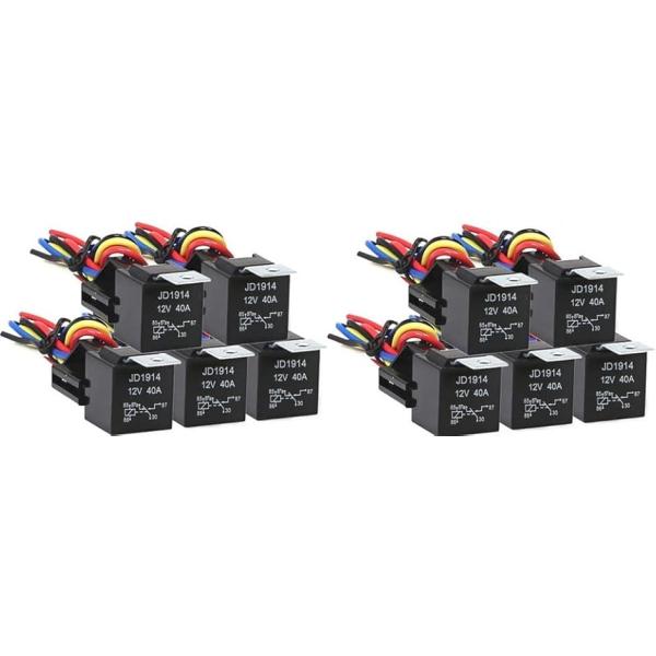 汎用 12V 40A ５極　リレー　ソケット、ハーネス付き　１０セット日本語説明書付きカーオーディオ、ホーン、セキュリティ、ナビなどの取り付けに最適