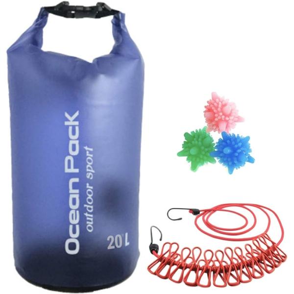 旅先やアウトドアで面倒な洗濯がまとめて簡単に出来る。お役立ちの洗濯防水バッグ、洗濯ボール、洗濯バサミ付きロープの3点セットです。これがあれば洗濯機が使えなくても簡単に洗濯ができちゃう。旅行やキャンプなどのアウトドアで洗濯できるので荷物が軽減...