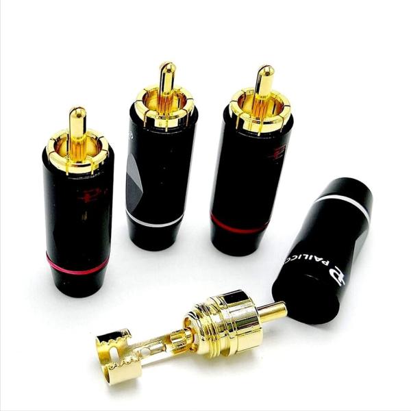 ・RCAプラグ ハンダ式　4本セットです。・このRCAプラグはハンダで配線を固定するタイプです。・サイズ：長さ約4.6cm、直径1.3cm、内径8mm・セット内容：RCAプラグx4本（レッドx2、ホワイトx2）・材質：金メッキ 重量：86g