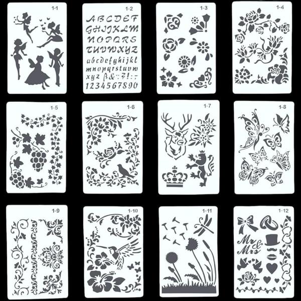 バリエーションコード : 2B6YX6FGOL・ステンシルシート12種類各1枚ずつの12枚セットです。・様々な花柄模様やアルファベットを取りそろえたお得なセットとなっております。・スクラップブッキング、手帳用、絵図用、メッセージカードなど色...