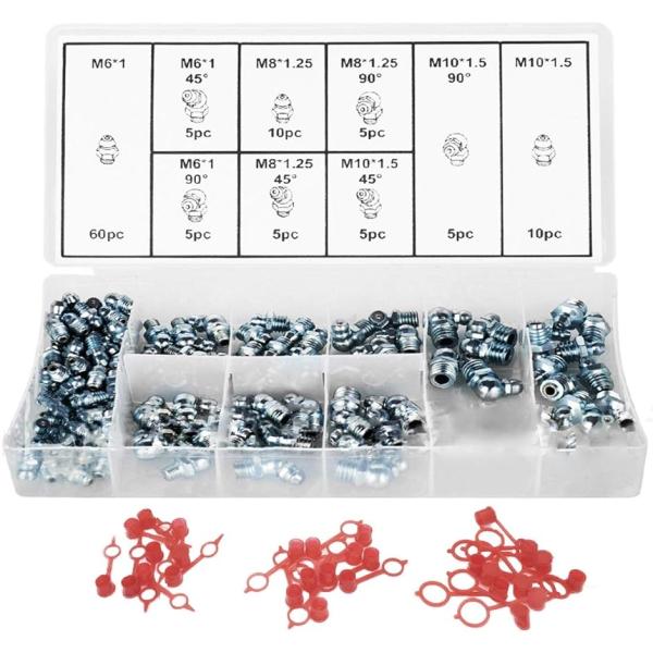 ・［A'sTool］ M6 M8 M10 ストレート、45°、90° に対応したグリスニップル 合計110個 ＋ ニップルカバー30個付 セットです。・建機、農機、各種機械交換用注油工具です。回転軸グリスアップにお使いください。・古いニップ...