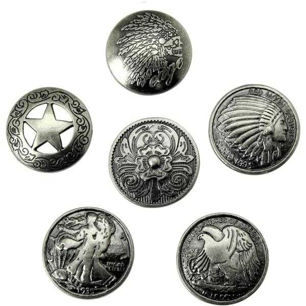 ・アンティーク風ねじ式コンチョ６個セット（ イーグル 女神 唐草 インディアン 五芒星 ドクロ）・ネイティブ系の財布・バック・ベルト・ポシェットなどのハンドメイド製品の制作用コンチョです。・留め金具部分はネジ式ですのでレザークラフト・布など...