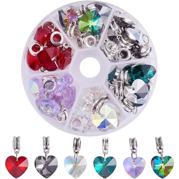 バリエーションコード : 2B89D6C4OV・サイズ：大穴ビーズ：約長さ25mm、穴：5mm；ハートペンダント：約14x14x7mm；約5個/色、約30個/箱;プラスチック製の箱：8x2cm。・ガラス製のハートペンダントと合金製の大穴ビー...