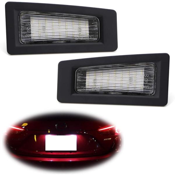 LED 18個ｘ2で、ランプ面積を有効的に配置したLEDナンバー灯です。球切れ警告等が付かないようにキャンセラー内蔵しています。2個1組純正交換タイプですのでカプラーオンで取り付け可能です。「適合車種」　マツダ アクセラ BM(2013-2...