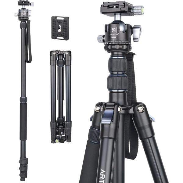 「軽量で安定したアルミ三脚」高品質なアルミ合金素材を採用して、アルマイト処理し、良い安定性と耐久性を兼備します。1.65キロの自重であり、最大耐荷重は15キロです。「34ｍｍボール低重心雲台を搭載します」低重心ボールヘッドのボール経は34ｍ...