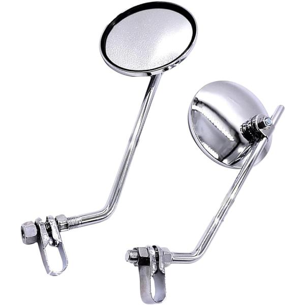 「スタイリッシュなデザイン」丸型デザインのクランプミラーは、DT1タイプ、ハーレー、チョッパー、ボバーなどのカスタムバイクにぴったり。ハンドルクランプタイプなので、自由な位置に取り付け可能で、バイクの外観を一層引き立てます。「自由な視界調整...