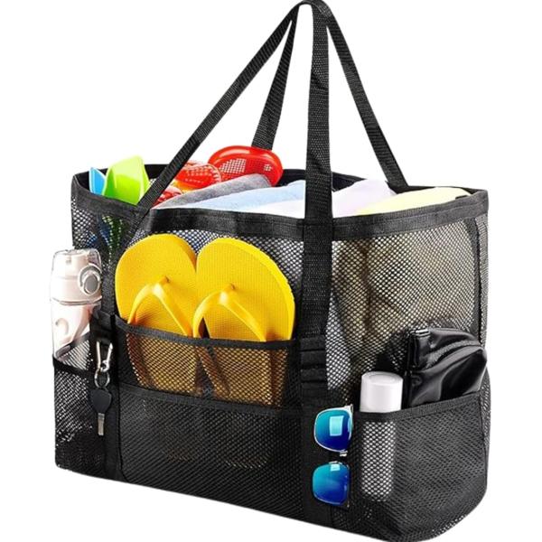 大容量メッシュトートバッグ 長さ42cmx幅20cmx高さ39cmの大容量メッシュトートバッグは、ビーチタオル、靴、おもちゃ、サングラス、水筒など、家族旅行に必要なアイテムをすべて収納可能です。男女問わず、スタイリッシュで実用的なデザインで...