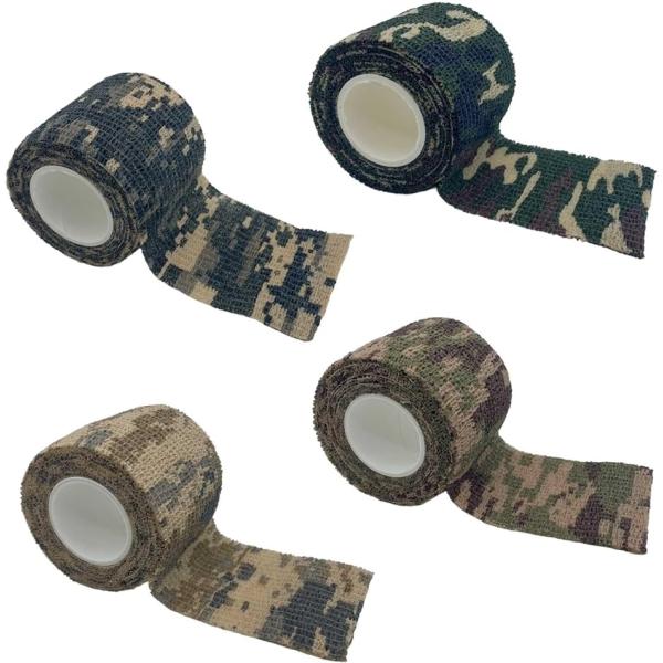 使い方色々。用途に応じて様々な使い方ができる迷彩柄のロールテープです。幅5cmx長さ4.5mのテープ4個セット＆柄は4種類なのでマルチに活躍。お手持ちのアイテムに巻き付けるだけで簡単にカモフラージュ加工が可能。エアガンなどのサバイバルグッズ...