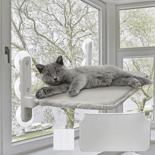 バリエーションコード : 2BJLWTOOYI「猫にうれしいこといっぱい。吸盤6個で支えるハンモック」 高いところから景色を眺めることが大好きなネコちゃんのために設計した、窓用のハンモックです。窓際に寝そべって暖かい日光に浴びながら外の景色...