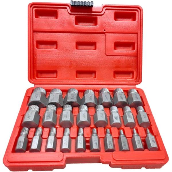 「エキストラクター25点セット」 高品質のクロムモリブデン鋼製エキストラクター25点セットです。折れたネジ、ボルト、かけ釘など様々な場面で使えます。「各部品に見やすいサイズ表記」 各部品にサイズが表記されており最適なエキストラクターを選べま...