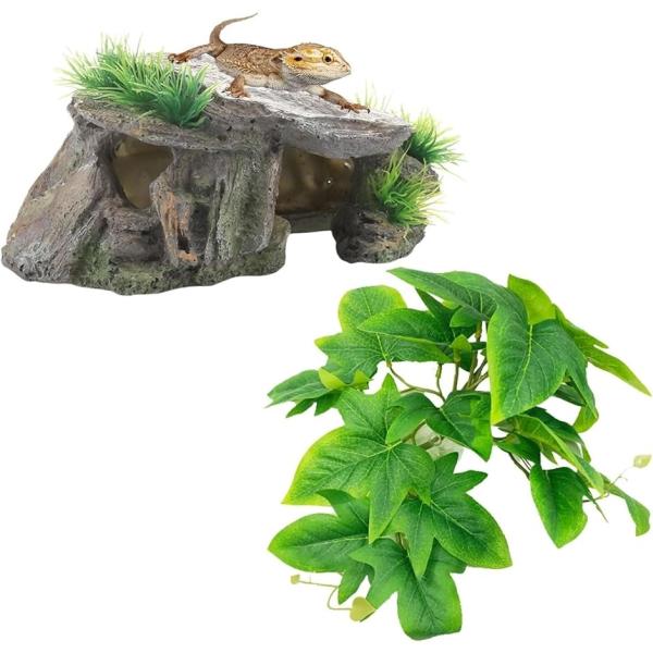 自然な環境を手軽に再現。爬虫類に最適なシェルターと人工植物セット：リアルな岩肌の爬虫類 シェルターと、アイビーモチーフの人工植物で、ケージや水槽に自然の美しさと隠れ家を同時に提供。爬虫類や両生類がリラックスできる、理想的な空間を作り出します...