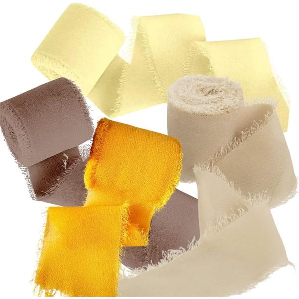 バリエーションコード : 2B9X6SYND3「ワンランク上の装飾」柔らかなシフォン生地と切りっぱなしの風フリンジが魅力のリボンセット。コットンのような優しい質感で、花束や手芸など多用途に活躍します。「結婚式やウエディングに最適」透け感のあ...