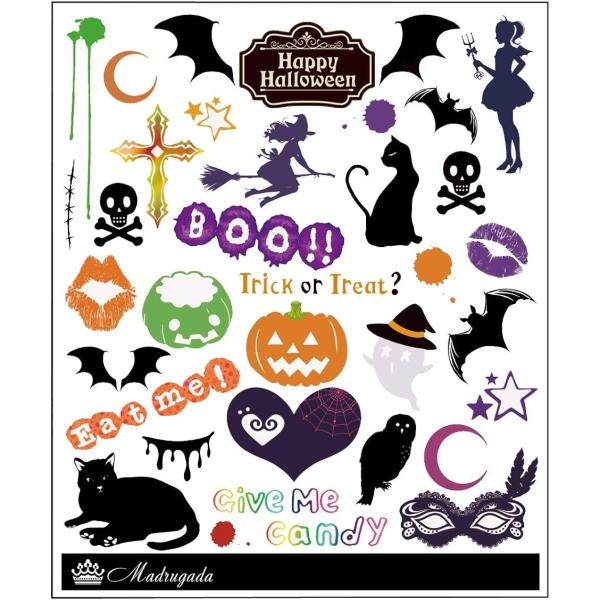ハロウィンにかかせないキャラや文字がたっぷり。 水で簡単に貼れるタトゥーシールです（貼り方・落とし方は商品画像をご覧ください）。「タトゥーシールの簡単なはがし方」セロハンテープなどの粘着テープで絵柄を転移させてはがすのがお肌をこする回数も少...
