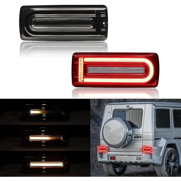 メルセデスベンツ　Gクラス用のLEDシーケンシャルウインカー内蔵のテールランプです。スモークレンズ 取付説明書付球切れ警告キャンセラー内蔵シーケンシャル/ノーマル点灯スイッチ付きでいつでもノーマルに点灯に戻せます。「適合車種」Gクラス W4...