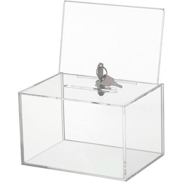 1透明アクリル製の中身の見える募金箱です。箱の上面に鍵付きなので中身をしっかりと守ります。ポップを挿し込めるプレート付き。背面がスライドオープンするので中身を取り出しやすくなっています。募金箱としてはもちろん、投票箱や貯金箱としても使用でき...