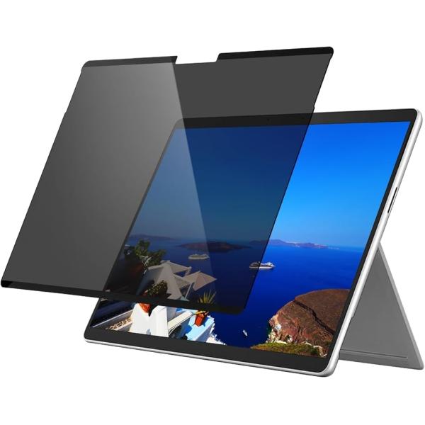 対応機種：SurfacePro8/9/X 13インチのぞき見を防止できるプライバシーフィルターです。マグネットでワンタッチで素早くかんたんに取り付け・取り外しが出来ます。必要な時にサッと簡単に装着できて、外すのも自由自在です。両面テープや磁...