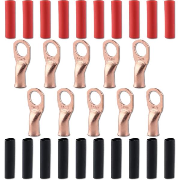 パッケージに含まれるもの:8 AWG-3/8銅線ラグ x 10、赤い熱収縮チューブx 10、黒い熱収縮チューブx 10。リング端子： 真鍮製で、表面は防錆のための特殊処理が施され、電流を流すための高い導電性を提供します。圧着またははんだ付け...