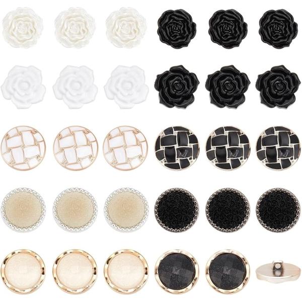 5 スタイル: エナメル・ラインストーン・ボタン、バラ・ボタンなど5種類のスタイルがあり、色は黒と白。シンプルでクラシックなデザインで、ハンドメイドアイテムに美しいタッチを加えること間違いなしです。セット内容：丸/花ボタン5スタイル40個、...