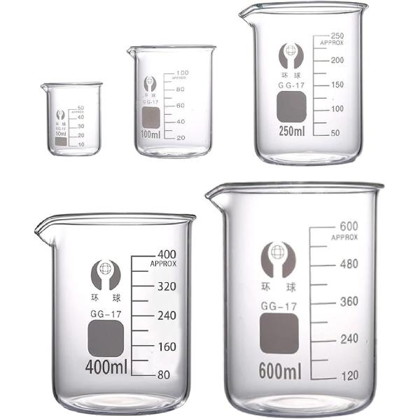 「商品説明」使用頻度の高い50? 100? 250? 400? 600? 5個のビーカーセットです。ホウケイ酸ガラスが使われているので熱に強く、さなざまな実験に対応でき非常に便利です。ガラスの透明感をいかして清涼感のある空間を作ることができ...