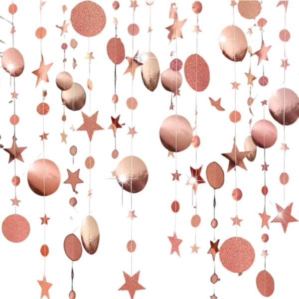 「パッケージ内容」4メートルのロングガーランドが空間を包み込み、シンプルな部屋でも一瞬で非日常の華やかさを演出します。「素材・デザイン」ローズゴールドの星とサークルがやさしく輝き、大人可愛いパーティーやナチュラル系装飾とも相性抜群です。「使...