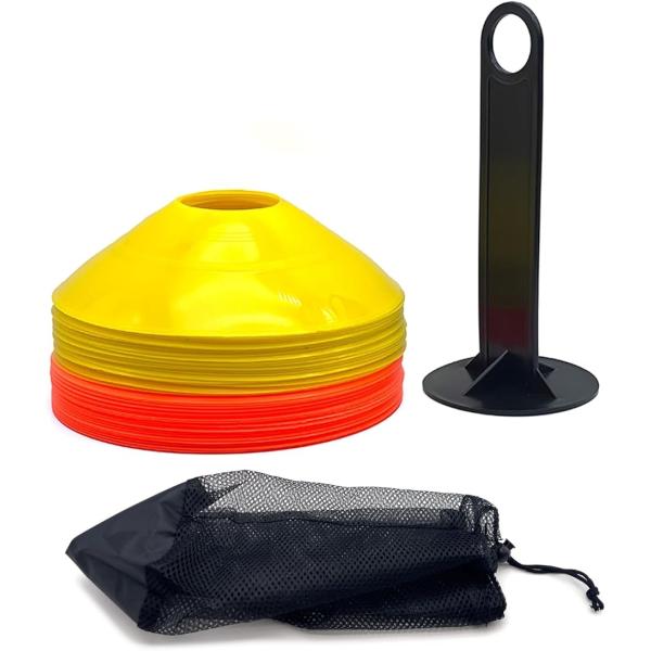 バリエーションコード : 2BR531JU95マーカーコーンは赤・青・黄色・オレンジ・黄緑の5色セットや、黄x橙・赤x青・赤x緑の組み合わせから選べるトレーニング用品で、直径19cmの扱いやすいサイズがスポーツ練習に最適です。鮮やかな発色で...