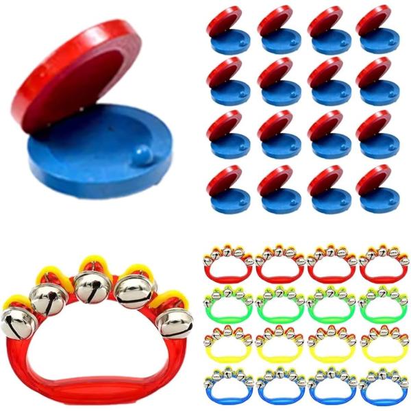 バリエーションコード : 2BRHQ34C4D「音で遊ぶ。32点リズムパーカッションセット」4色のハンドベル16個と、木のぬくもりを感じるカスタネット16個がそろった、幼児の音楽学習にぴったりのリズムセットです。振る・叩くという簡単な動作で...