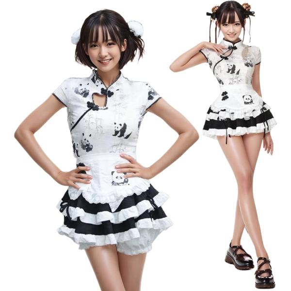 バリエーションコード : 2BRF3IRJP4可愛いガーリー＆アニマルデザイン。パンダ柄のチャイナ服セットです。元気なチャイナ娘になりきれる、トップス＋スカート＋エプロンの3点セット。キュートとセクシーを良いとこ取りできる衣装で、周囲の視線...