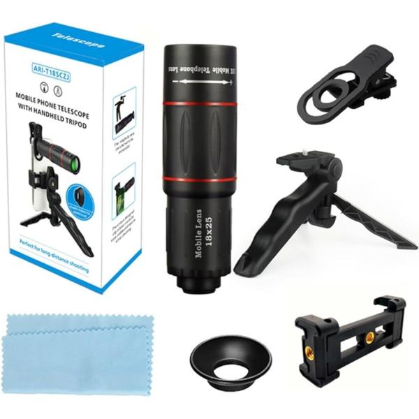 「望遠レンズセット」セット内容：18x望遠レンズ、携帯電話クリップ、アイマスク、手持ちスタンド、レンズクリーニングクロス「簡単取り付けで即撮影」クリップ式のデザインにより、全機種に簡単に取り付け可能。旅行やイベントでのシャッターチャンスを逃...