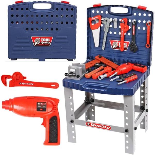 「組み立て式工具おもちゃ」 工具台と工具一式を備えた、子供用の組み立て式おもちゃです。DIYごっこや修理遊びを通して、遊びながら手先をしっかり使える知育玩具セットです。電動ドリル風のパーツやハンマー、スパナなど、本物そっくりな工具がそろって...