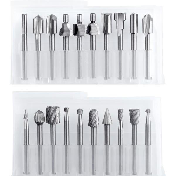 「セット内容」10本 木工彫刻フライス、10本 木彫り研磨ヘッド。ストレートカッター、ラウンドカッター、V字カッターなど、さまざまな形と大きさのドリルが合計20本あり、粗彫りから細かい仕上げまでさまざまなニーズに対応します。収納ボックス付き...