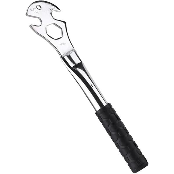 「簡単装着ペダルレンチ」自転車のペダル交換やメンテナンスに最適なペダルスパナです。丈夫な金属製で耐久性が高く、滑り止めゴムのハンドルがしっかり握れる設計。15mmと24mmの両側サイズで幅広い自転車に対応し、初心者でも簡単に使用できます。ロ...