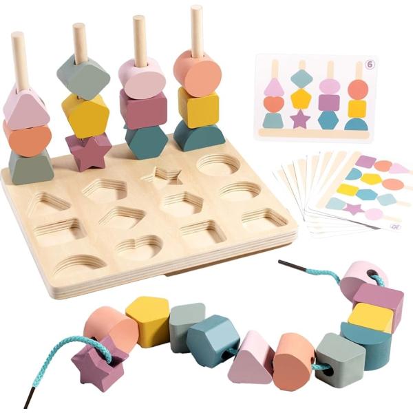 指先訓練と知育を同時に。多機能なカラフル木製紐通しおもちゃ。 紐通し、棒通し、型はめ、積み木など多機能な知育玩具で長く遊べる。組み合わせを示すカードで考える力をはぐくみ創造性を開花させます。モンテッソーリ教育の視点から開発された、指先訓練と...