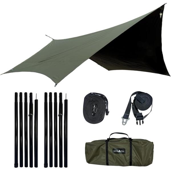 バリエーションコード : 2B9QTTWQWV「難燃加工」 タープ生地に難燃性塗料を加えることによって、ポリエステルタープの弱点を克服。焚き火の火の粉が飛んでも穴が空きにくく、燃え広がりにくい素材を提携工場と開発に成功。TCタープより軽く、...