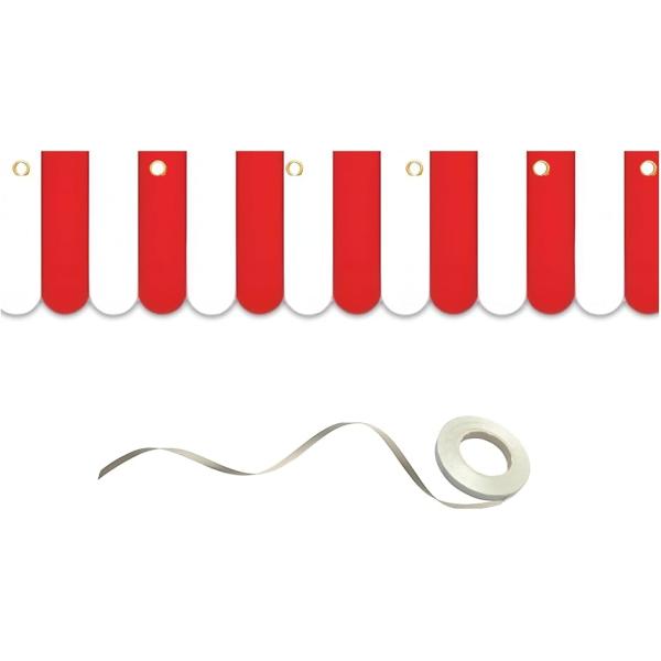 バリエーションコード : 2BUNTNK3H2「店舗を華やかに彩る装飾」 集客力を高めるアイキャッチとして最適な紅白のストライプ柄。お祭り、縁日、イベント会場、周年記念など、特別な日の雰囲気を盛り上げる紅白フリル幕です。店舗の軒先や店頭に設...