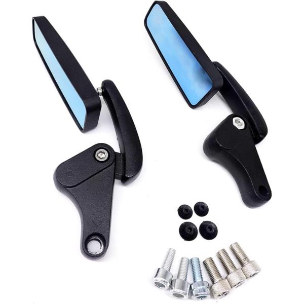 汎用バイクミラー 左右セット。ブルーレンズ仕様で、後続車のライトによる眩しさを軽減します。視線を邪魔しないローポジション設計。スクエア型のアルミ削り出しボディがバイクの見た目を引き締め、シグナスやアドレスなどにもぴったりフィット。「耐久性抜...