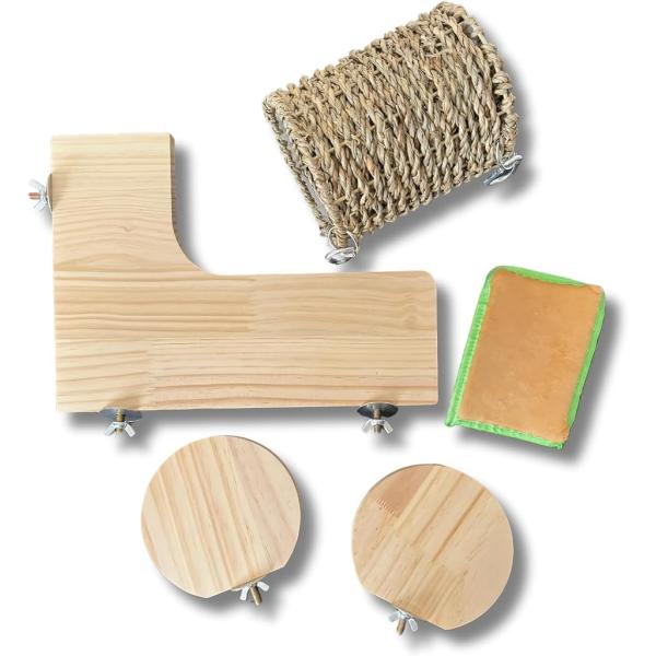 「天然木使用＆自然な雰囲気」チンチラステップデグーハンモックステージは天然木を使用した設計でケージ内に自然な雰囲気をプラスし小動物が登ったり休憩したりと快適に過ごせる5点セットのステップ台で組立も簡単です「運動不足解消で健康維持に役立つ」チ...
