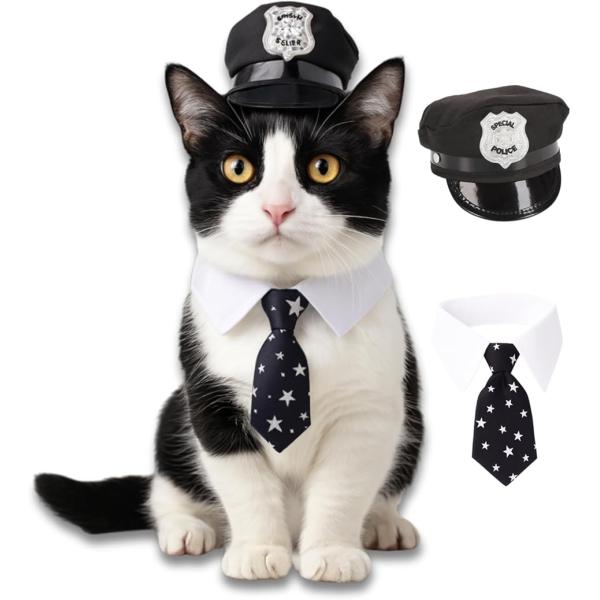 バリエーションコード : 2BUV0LH4Q1「リアルな警察官風デザイン」 猫用コスチュームの中でも特に目を引く、平頂タイプの警察帽と白襟付きネクタイのセットです。つば付きの帽子はクラシックなアメリカンポリスの雰囲気を再現し、フォーマル感の...