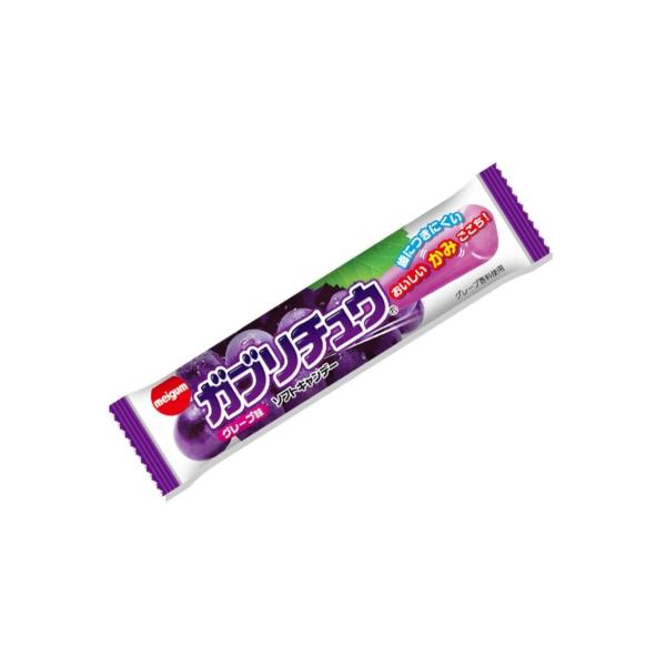 〈ガブリチュウ　グレープ　20本入　明治チューインガム（株）〉　　商品１本あたりの外装サイズ　縦3.5ｃｍ　横14ｃｍ　厚さ1.5ｃｍ【送料の目安】　当商品のみの場合、重さ的に数量54まで　送料１個口料金で発送できます！　他のお菓子と同梱可...