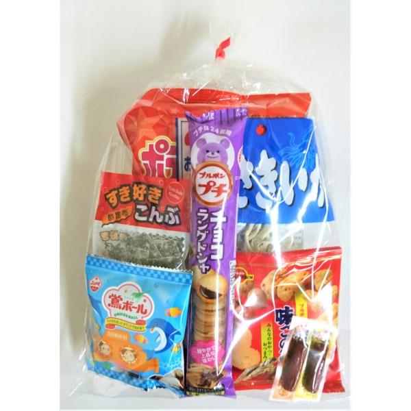 【商品内容】カルビー28ｇポテトチップスうすしお味小袋、41ｇプチチョコラングドシャ、亀田製菓柿の種小袋、ブルボン味ごのみ小袋、8ｇ味カレー、なとりさきいか、18ｇ鴬ボールミニ、18ｇすき好きこんぶ、3.4gおやつカルパス２個【注意事項】・...