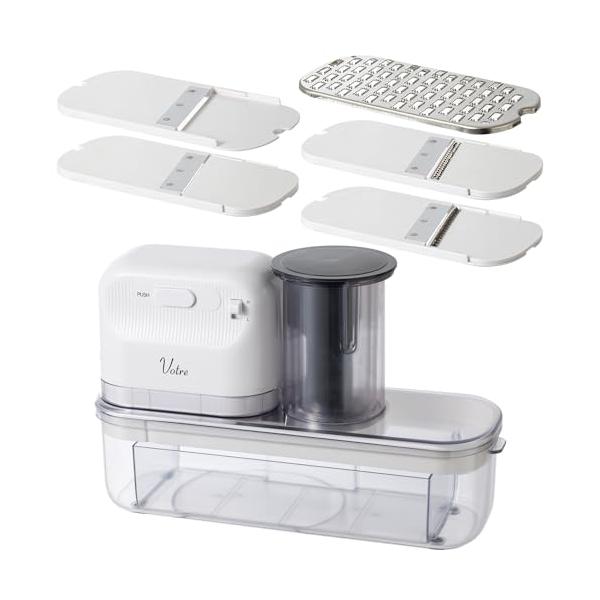 【商品概要】【料理の手間を省く】刃を回転させて調理するのではなく、左右に動かして調理することで、「スライス（厚・薄）」「千切り（太・細）」「おろし」の1台5役を実現した電動スライサー。料理の下ごしらえが、力いらずで簡単に、スピーディに行えま...