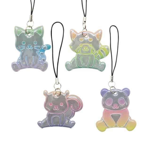 おしゃれなグラデーションカラーの反射ストラップ かわいい「にじいろアニマル」が光って交通安全 暗いところでライトが当たると反射して光ります 反射すると雰囲気が変わって、動物たちの顔がはっきり見えます 裏面も同デザイン ※選べる4動物（1個の...