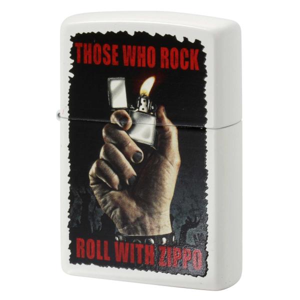 「ZIPPOでロックロールする人たち」を冠したデザインのZIPPO。無骨な手でZIPPOライターを掲げる、ロックなデザインです。ベースのホワイトとプリントの黒系がメリハリを出しています。マットホワイト、プリント。コンディション：【未使用に近...