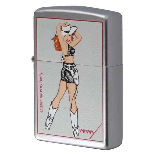 ペティガール・コレクションのZippo。女性のピンナップイラストがデザインされています。セクシーなカウガールのイラスト。紙スリーブと缶ケースもあります。サテンクローム、ペイント仕上げ。コンディション：【未商品】製造年月：2000年10月製造...
