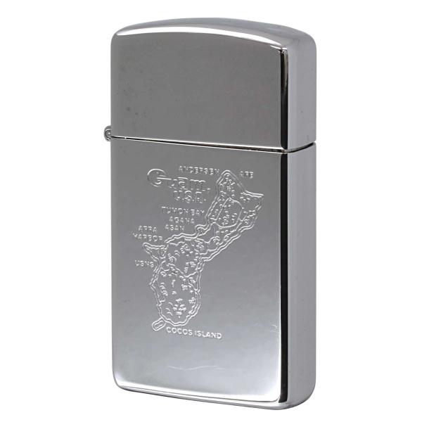 グアムの地図がデザインされたスリムZippo。ANDERSEN AFB（アンダーセン空軍基地）、TUMON BAY（タモン湾）、AGANA（ハガニア）、APRA HARBOR（アプラ港）、USNS、COCOS ISLAND（ココス島）といっ...